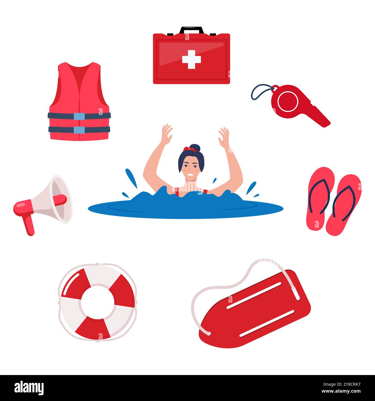 Drowning woman and beach lifeguards equipment set. Vector illustration ...