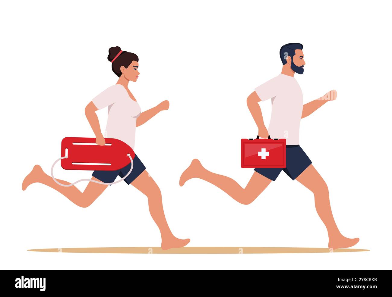 Man and woman lifeguards run along beach to save life of someone ...