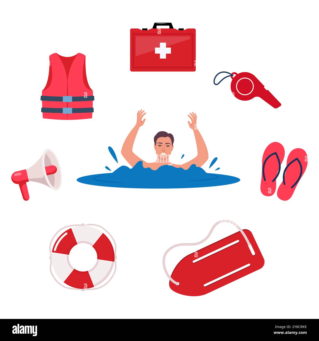 Drowning man and beach lifeguards equipment set. Vector illustration ...