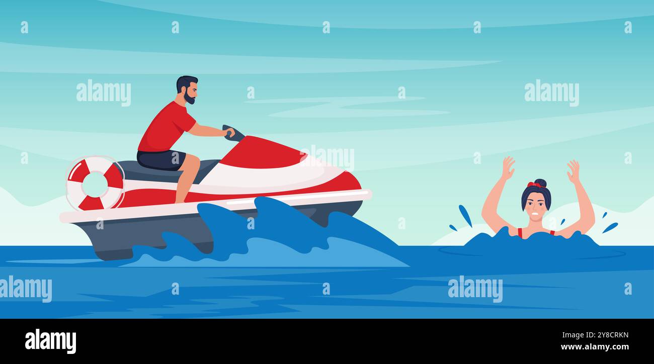 Beach lifeguard drives water scooter, rushing to save a drowning man ...