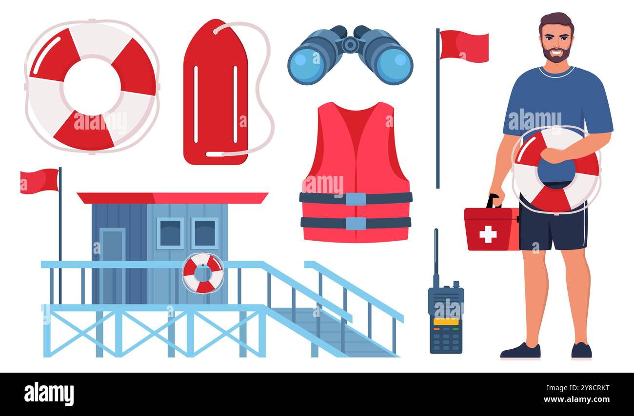 Beach lifeguards equipment set. Loudspeaker, sunglasses, lifebuoy ...