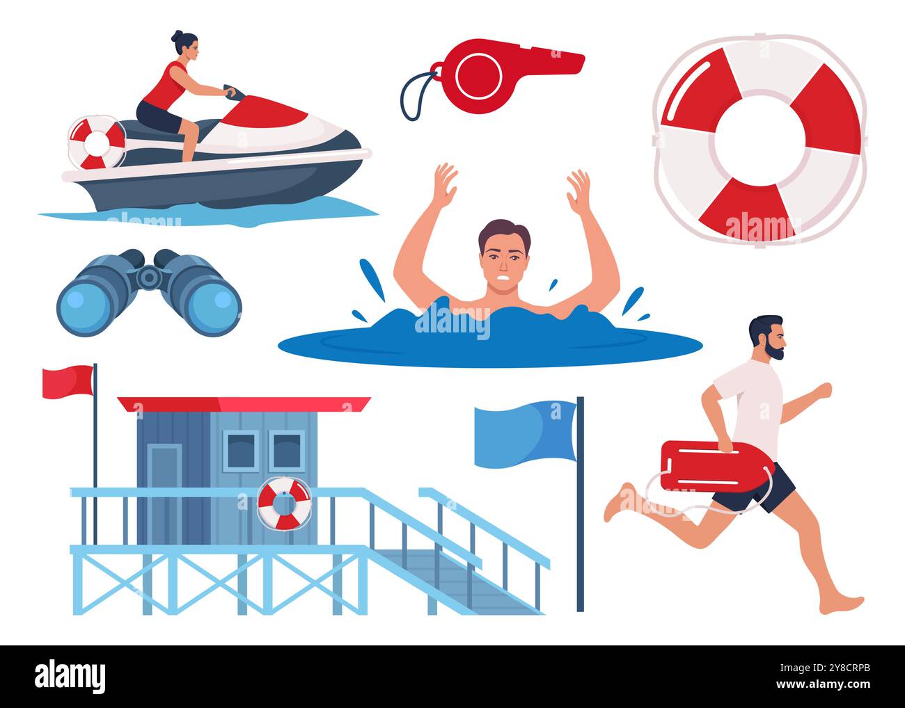 Beach lifeguards equipment set. Drowning human, rescue workers on the ...