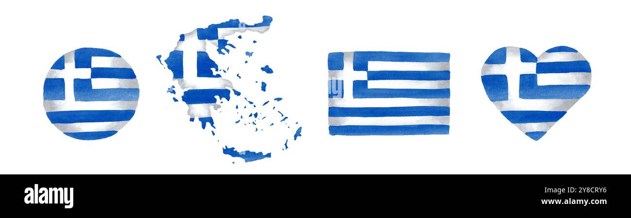 Greece Flag set. Hand drawn watercolor illustration, isolated on white ...