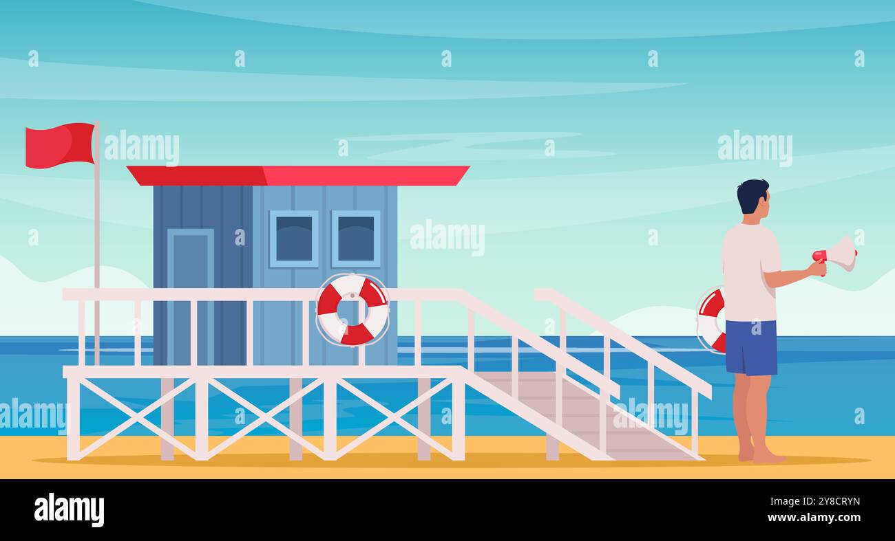 Lifeguard tower and professional beach lifeguard standing with lifebuoy ...