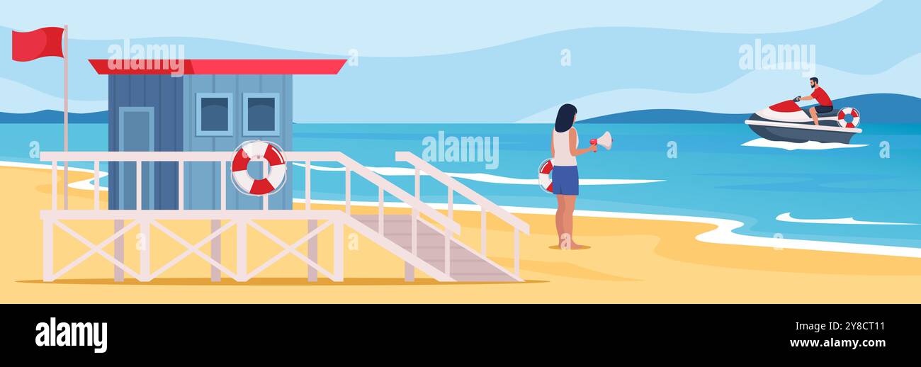 Lifeguard tower and professional beach lifeguard standing with lifebuoy ...