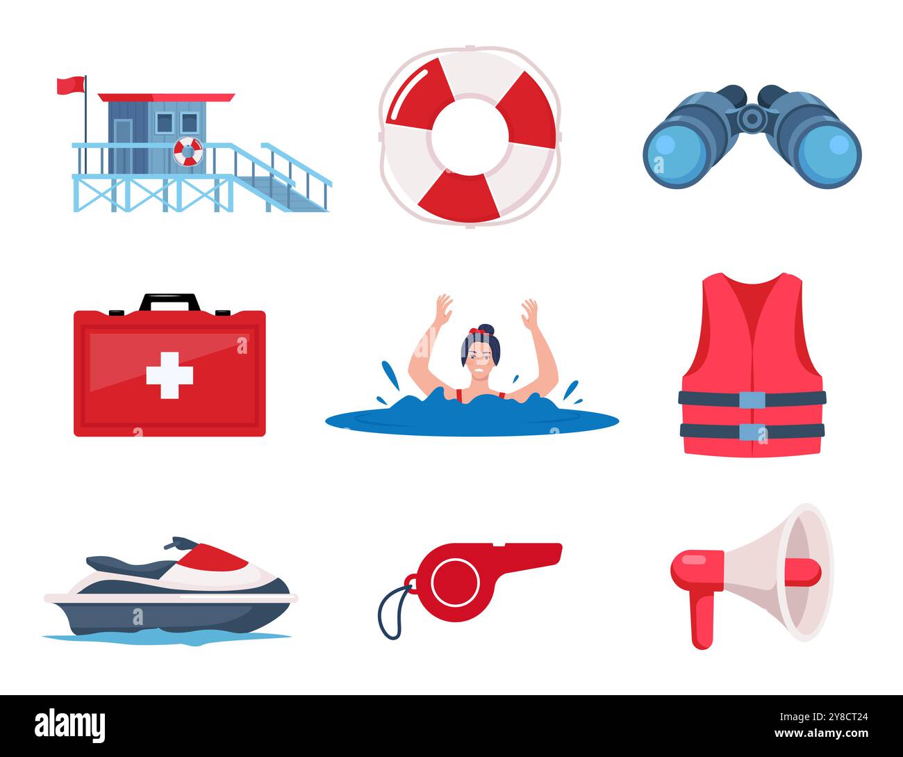 Beach lifeguards equipment set. Loudspeaker, sunglasses, lifebuoy ...