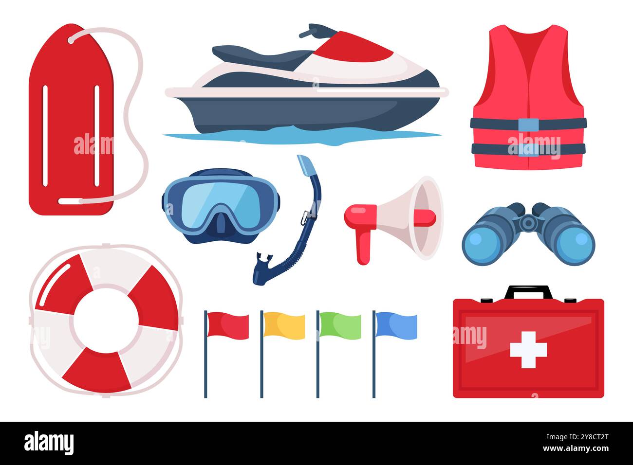 Beach lifeguards equipment set. Loudspeaker, sunglasses, lifebuoy ...