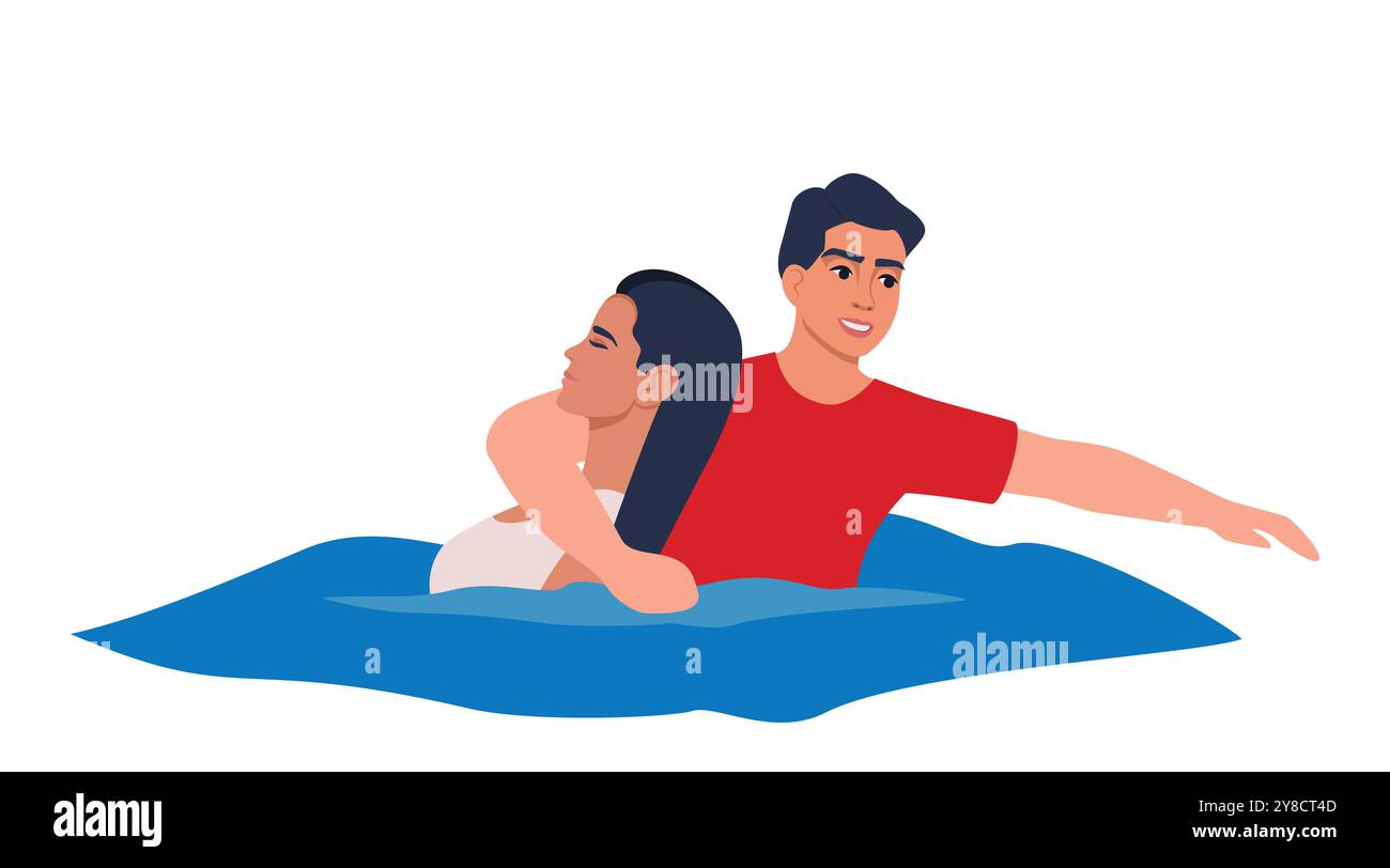 Beach lifeguard saving unconscious woman drowning in water. Emergency ...