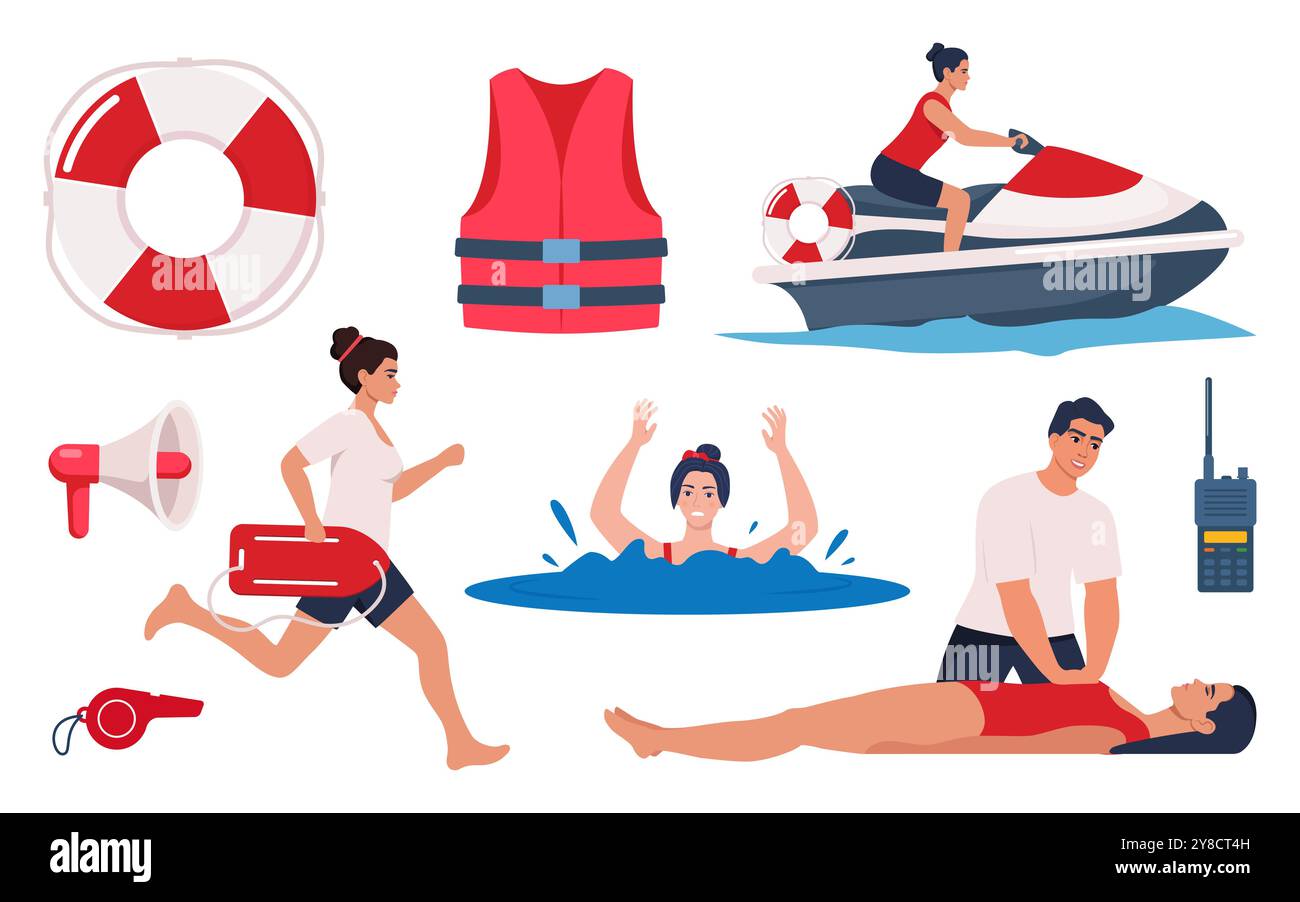 Beach lifeguards equipment set. Loudspeaker, sunglasses, lifebuoy ...