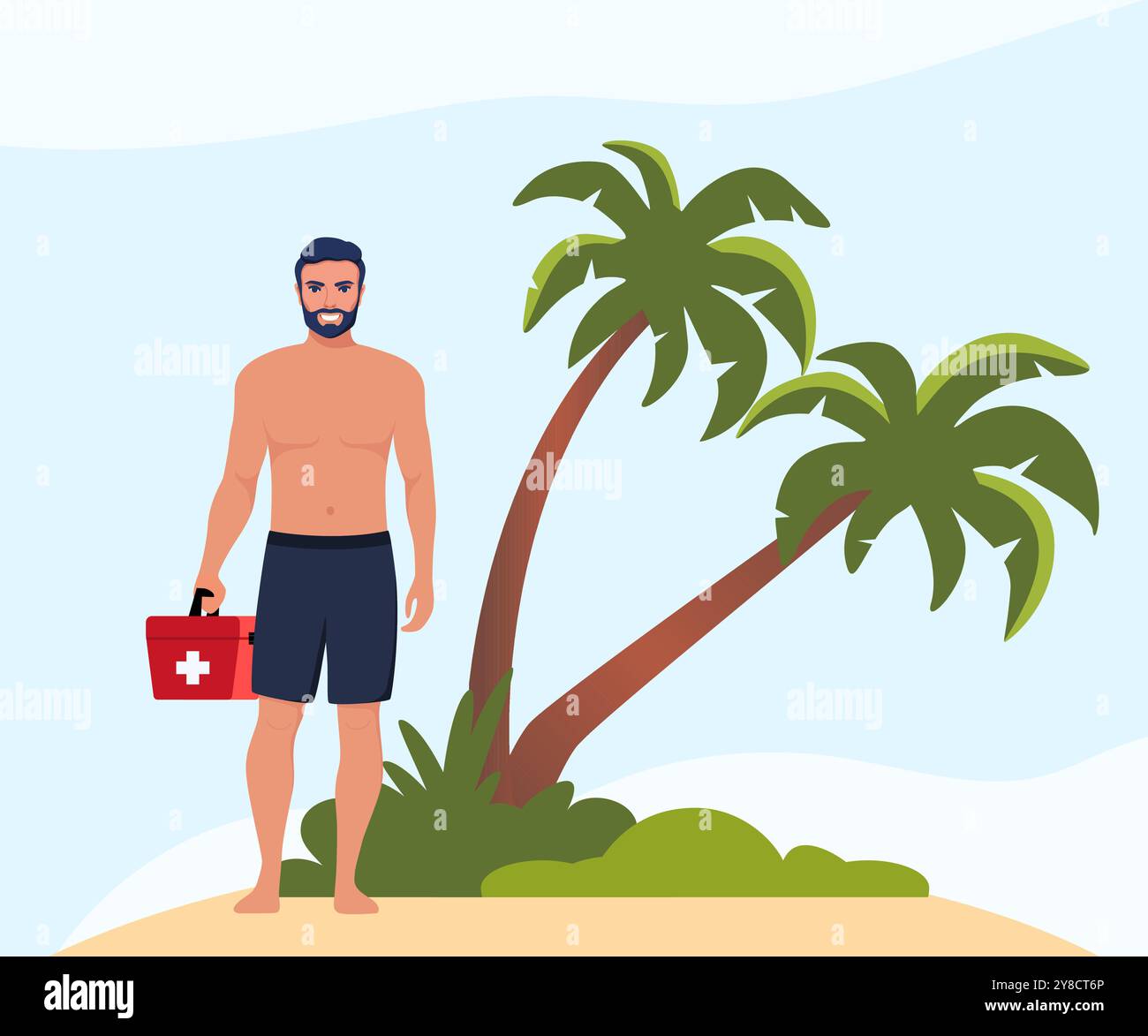 Professional beach lifeguard standing with red medical first aid kit ...