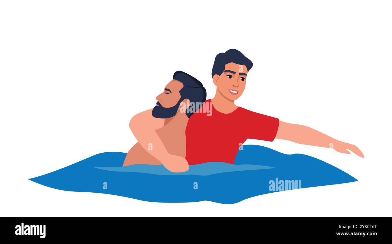 Beach lifeguard saving unconscious man drowning in water. Emergency and ...