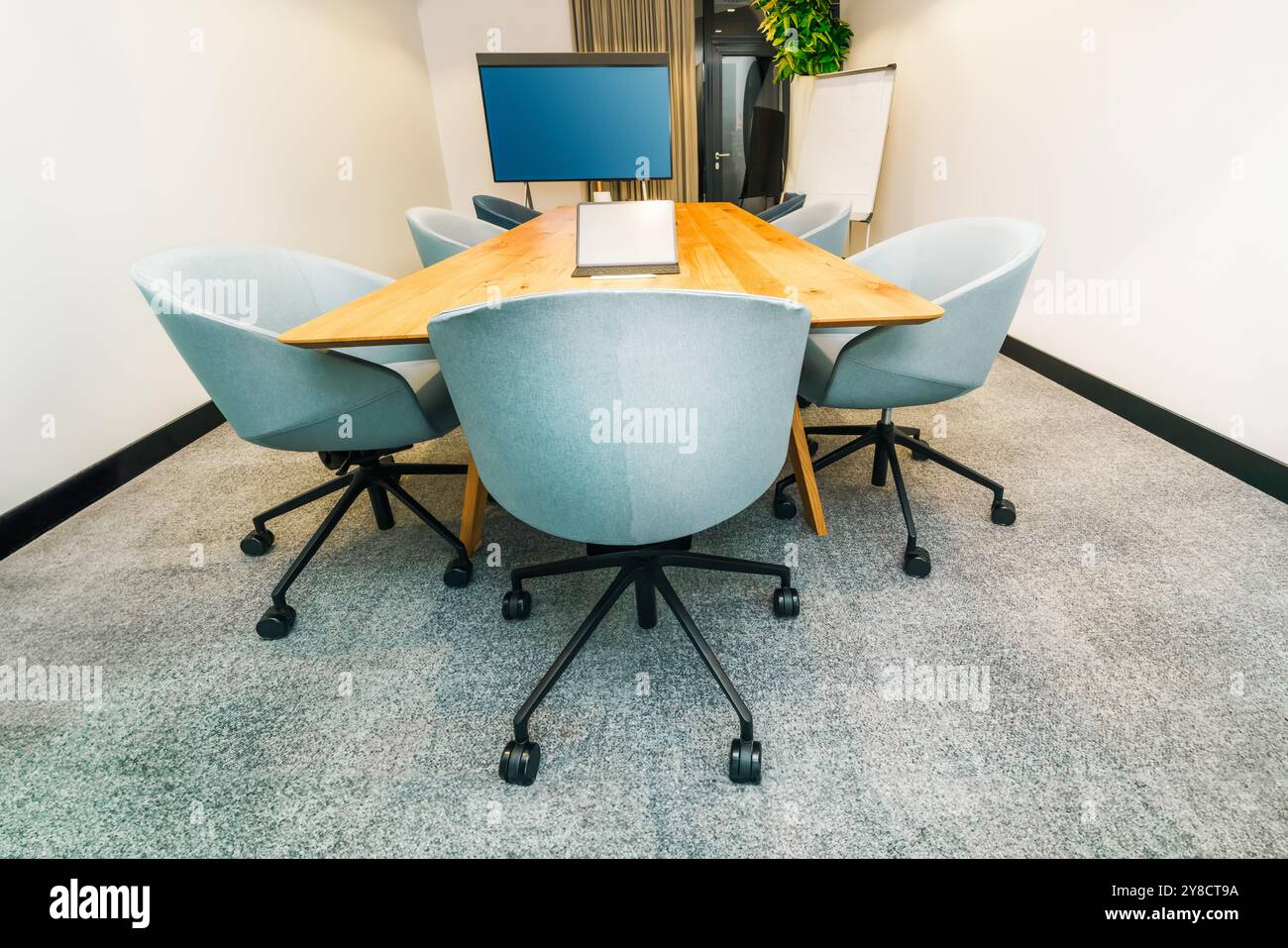 conference room table laptop office interior wooden table empty tv ...