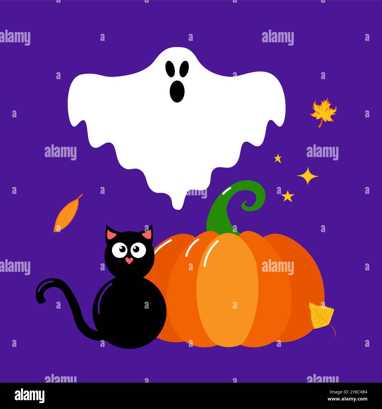 Spooky Ghost pumpkin black cat leaves autumn Halloween composition ...