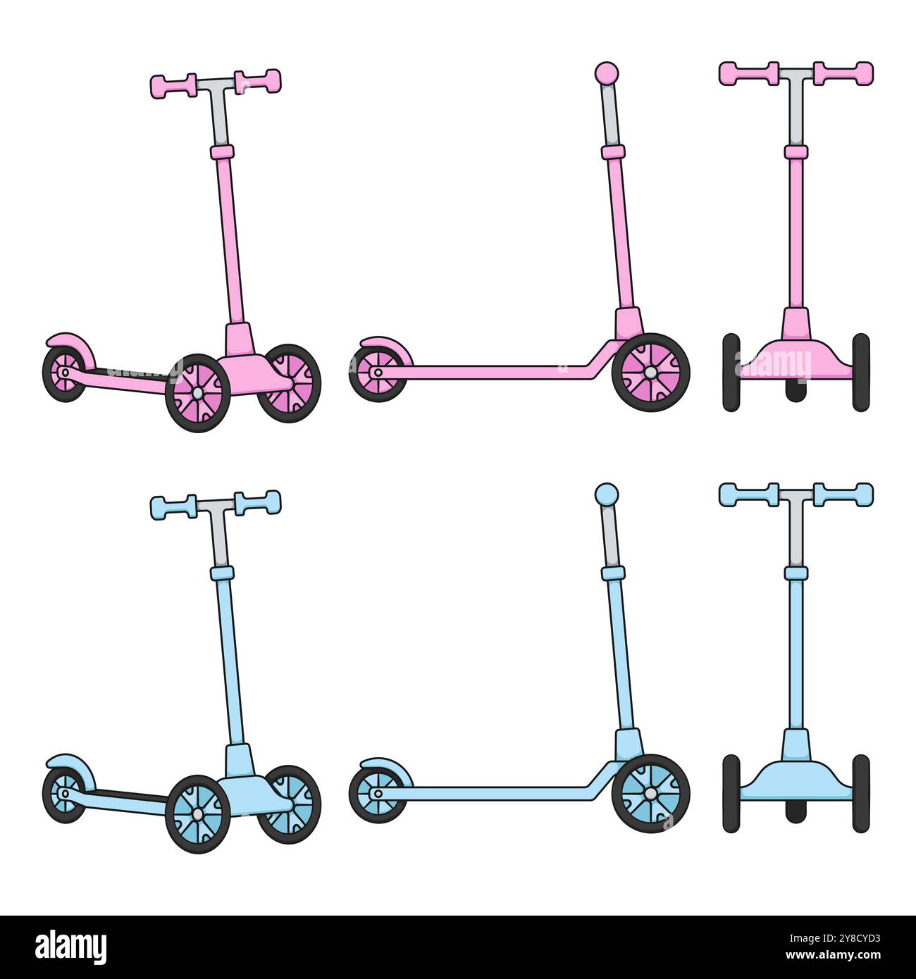 Set of color illustration with children three-wheeled scooter. Isolated ...