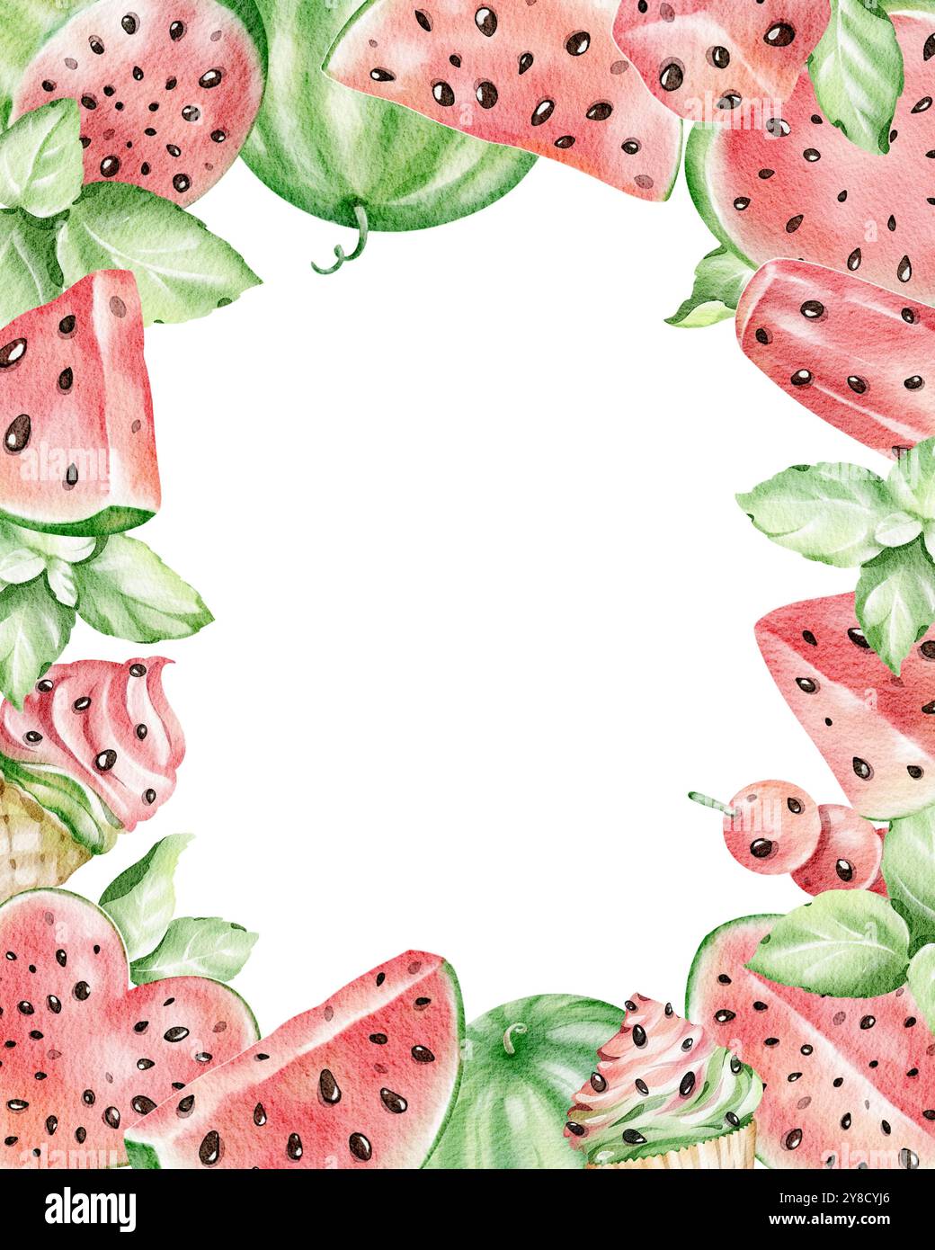 A vibrant watercolor frame with juicy watermelons, desserts, and fresh ...