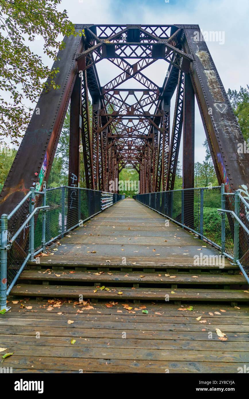A view of the Reinig pedestrian bridge in North Bend, Washington Stock ...