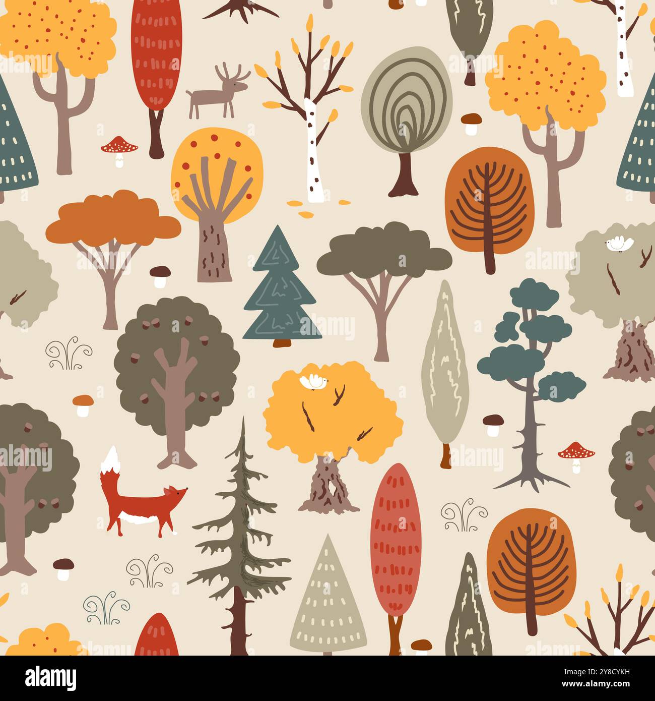 Autumn forest seamless pattern with funny trees and animals. Hand drawn ...