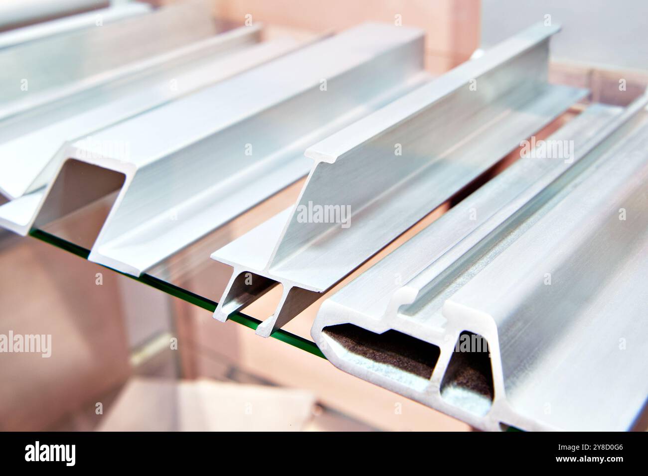 Samples of aluminum alloy profiles at the exhibition stand Stock Photo ...