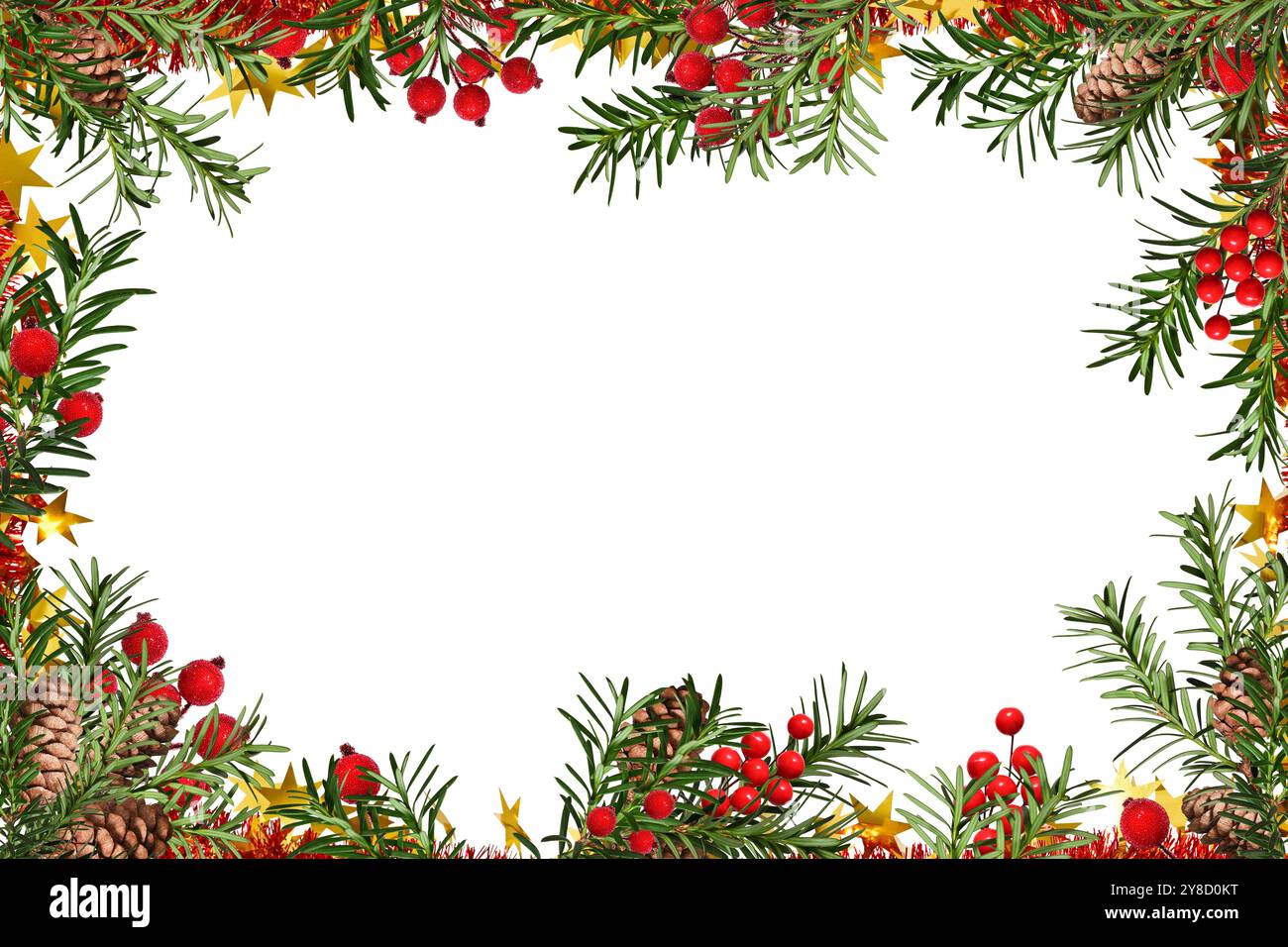 Festive Christmas Frame. Conifer branches, cones, tinsel with golden stars and artificial red ...