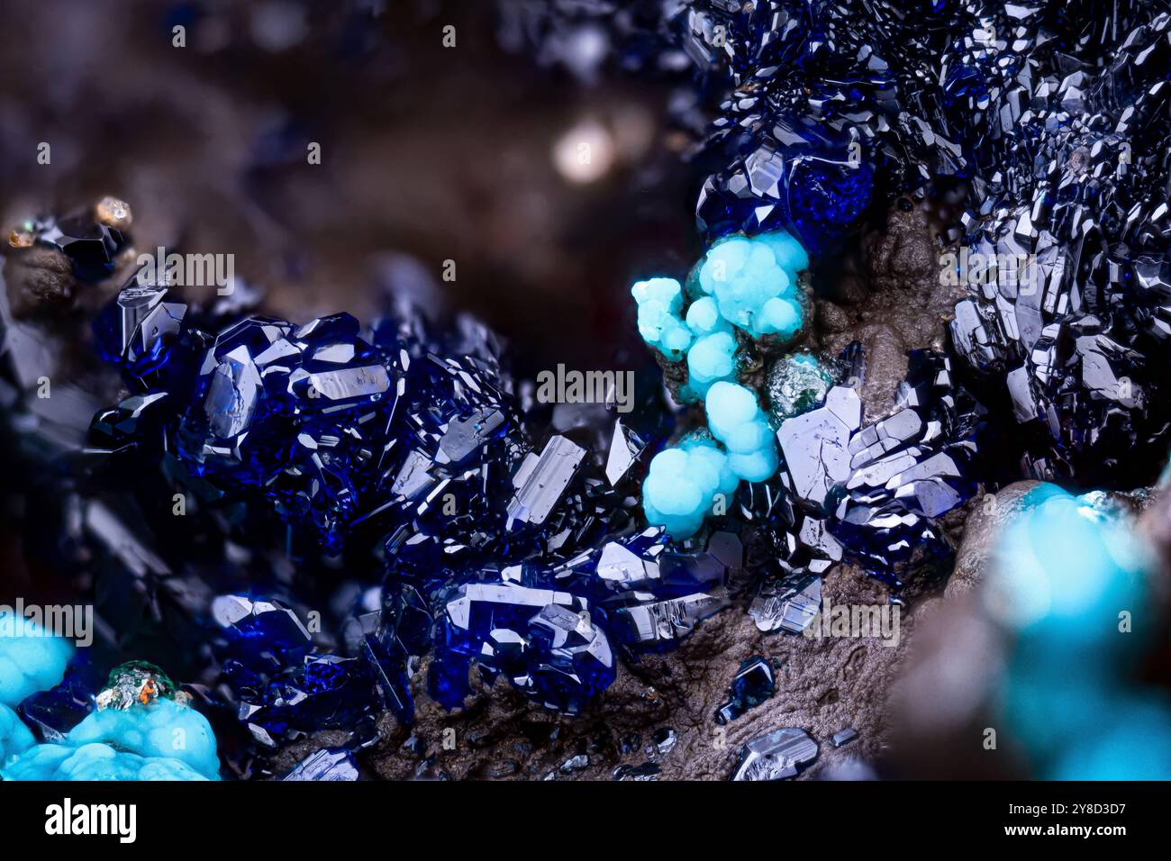 Light Blue Rosasite on dark blue Azurite. Specimen from Hilarion Mine ...