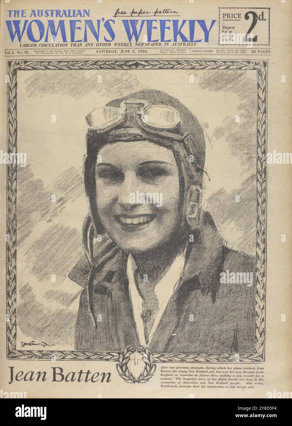Vintage Cover of The Australian Women's Weekly Paper featuring Jean Batten on Cover, June 2 ...