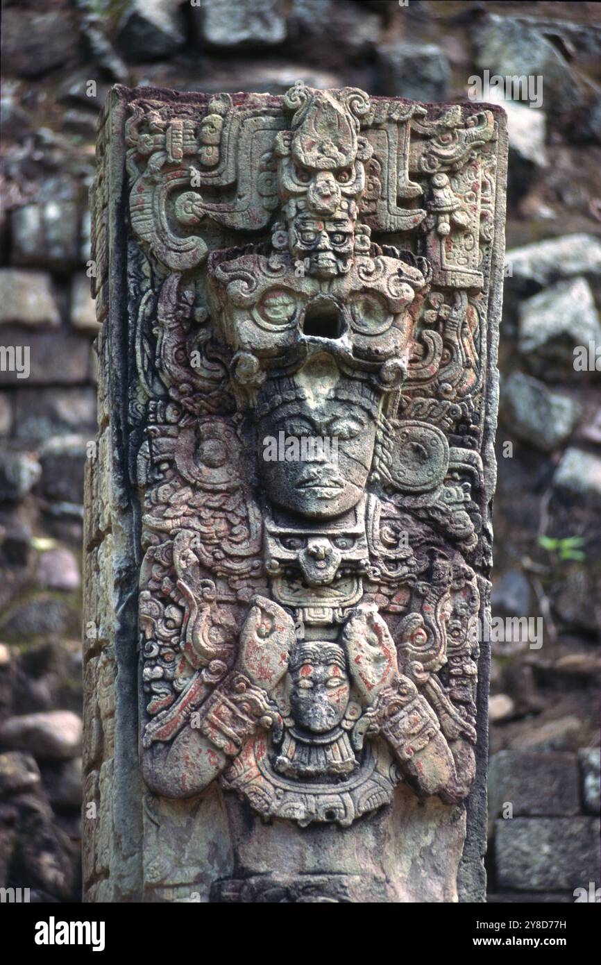 Late Classic period Maya stelae at Copan Maya ruins, Honduras Stock ...