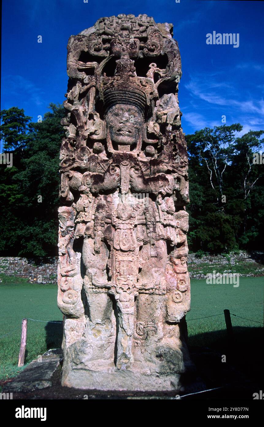 Late Classic period Maya stelae at Copan Maya ruins, Honduras Stock ...