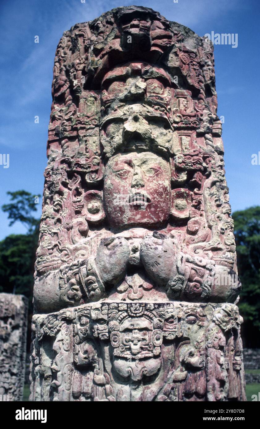 Late Classic period Maya stelae at Copan Maya ruins, Honduras Stock ...
