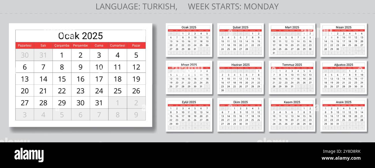 2025 year turkish calendar. Collection of paper pages of 12 months ...