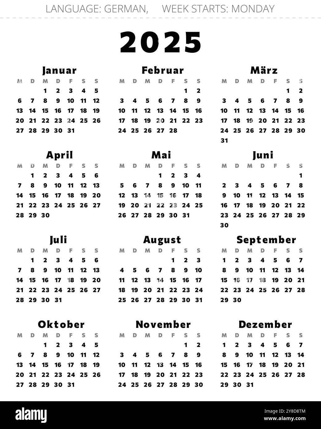 2025 year GERMAN calendar. Vector illustration for Germany in dark ...
