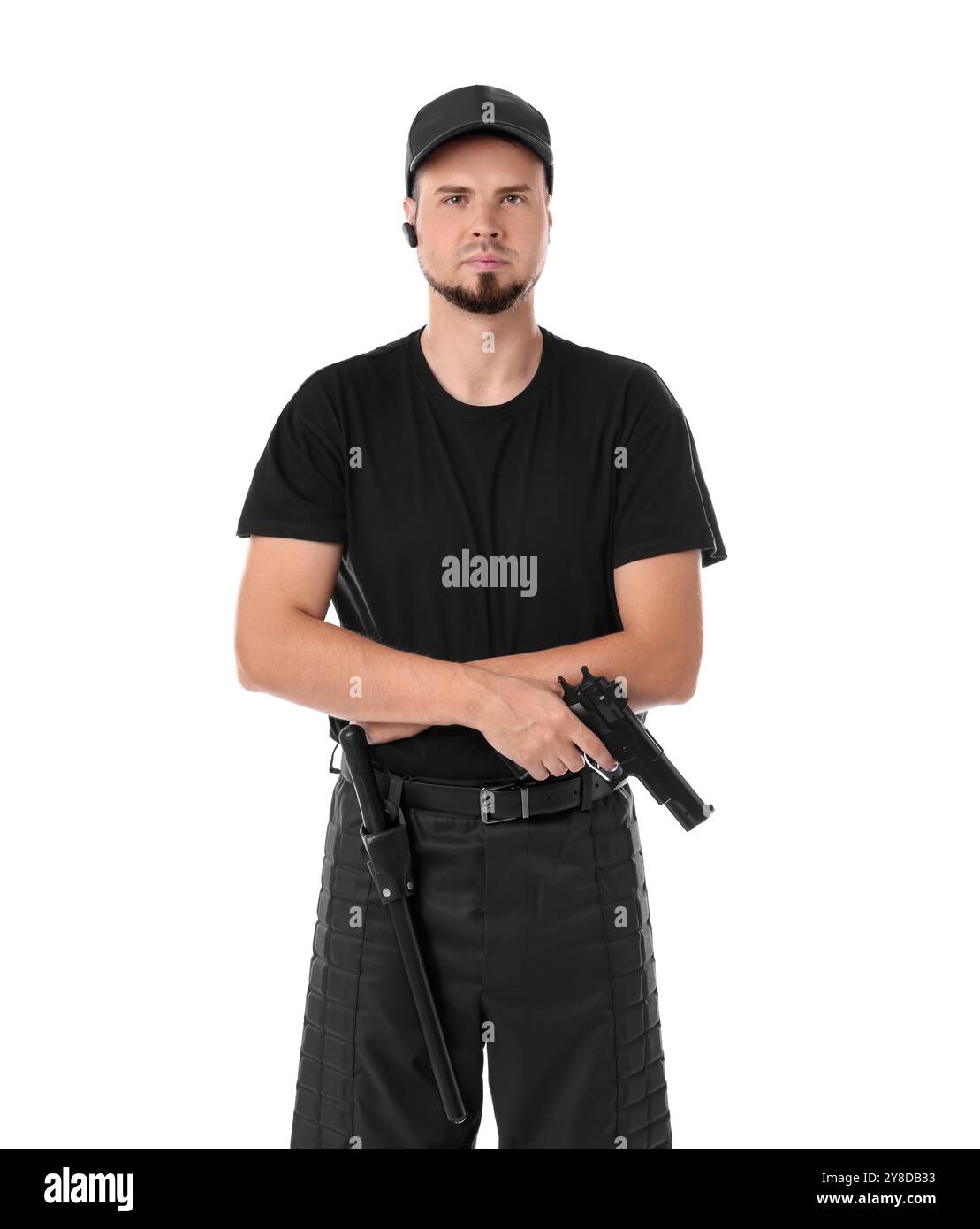 Young bodyguard with gun isolated on white Stock Photo - Alamy