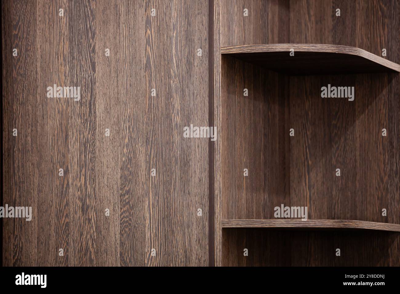 Dark wood bookshelf with empty shelves. A dark wooden cabinet with ...