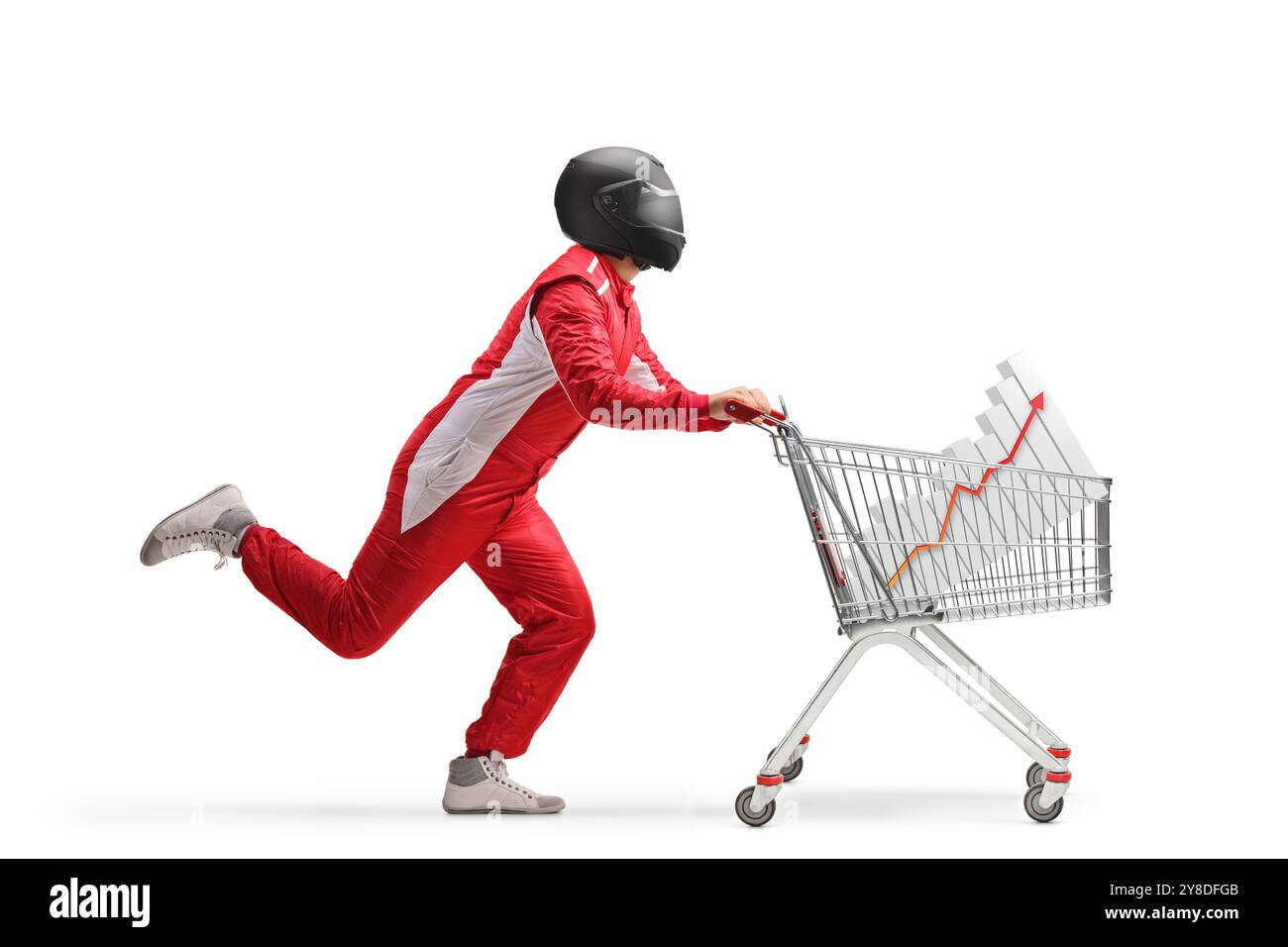 Car racer in a suit and helmet running and pushing a shopping cart ...