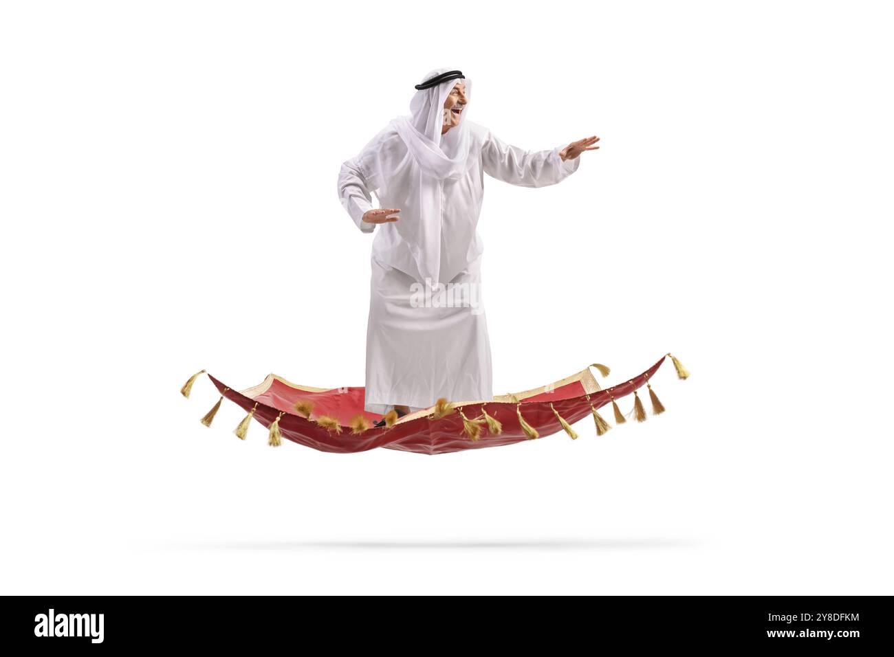 Arab man in a traditional robe flying on a magic carpet isolated on ...