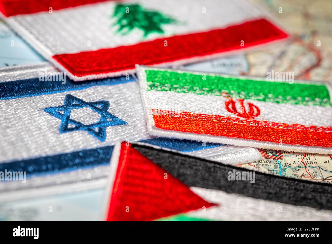 flags of Israel, Palestine, Lebanon and Iran facing each other, Symbols ...