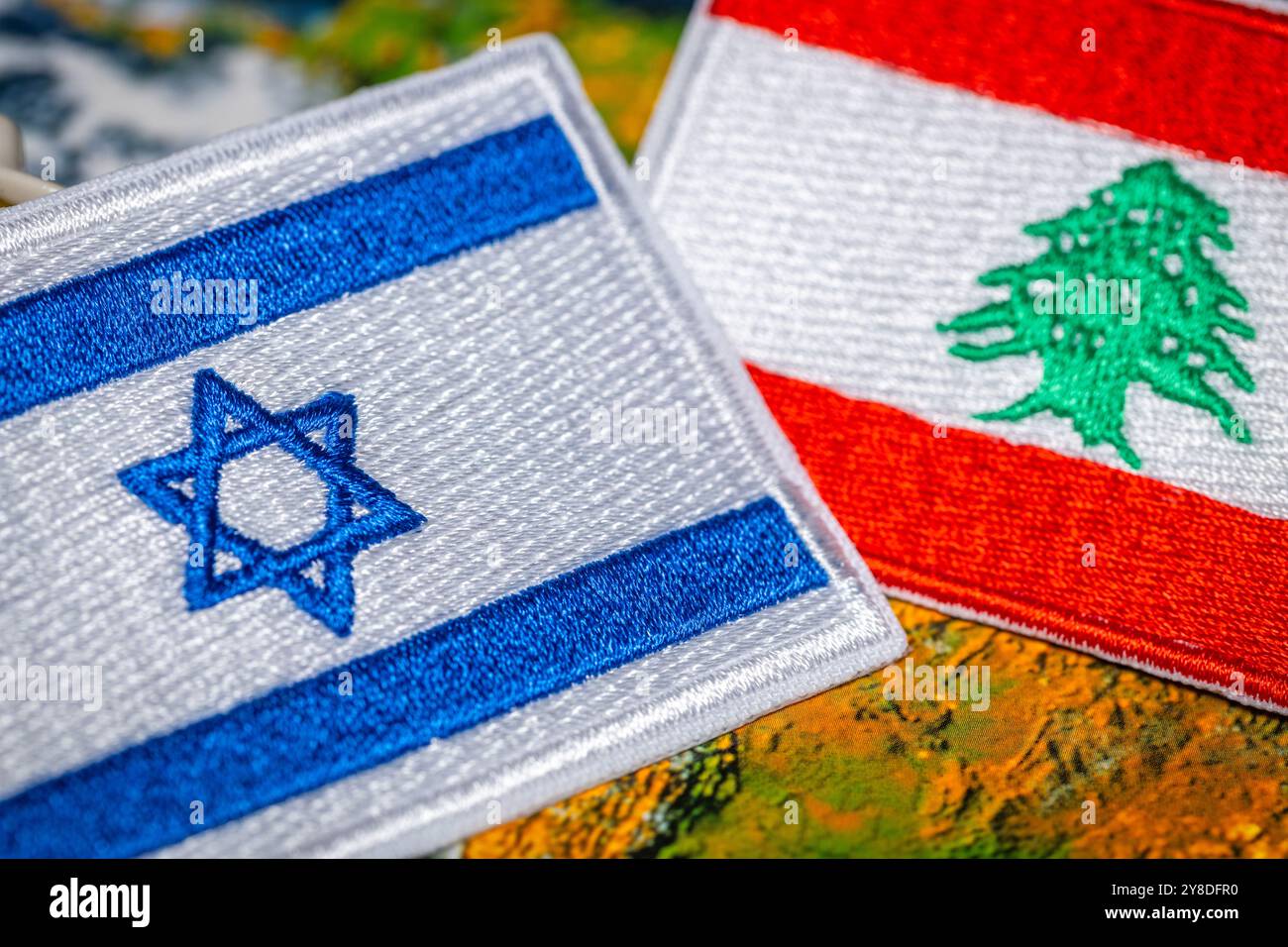Embroidered flags of Israel and Lebanon, Symbols of countries ...
