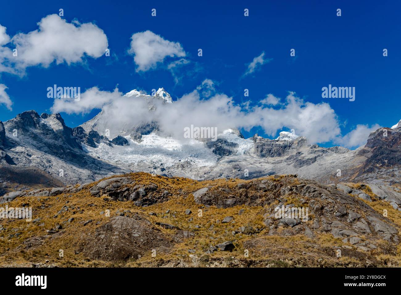 Sheepback rock, or roche moutonnée, in front of a glacier in the Andes ...