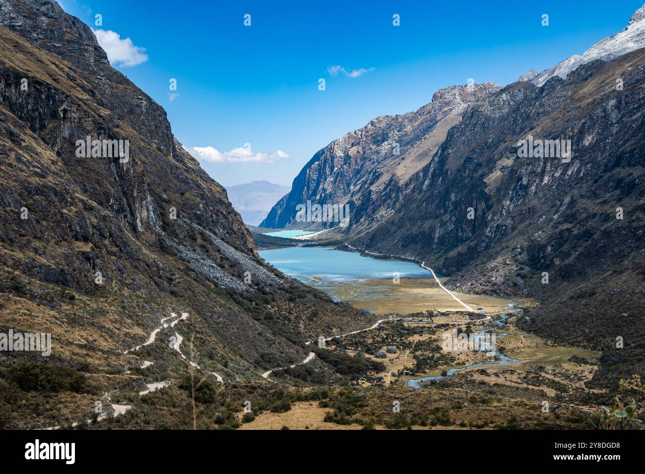 Milky blue water in the lakes fed by glaciers in the high Andes ...