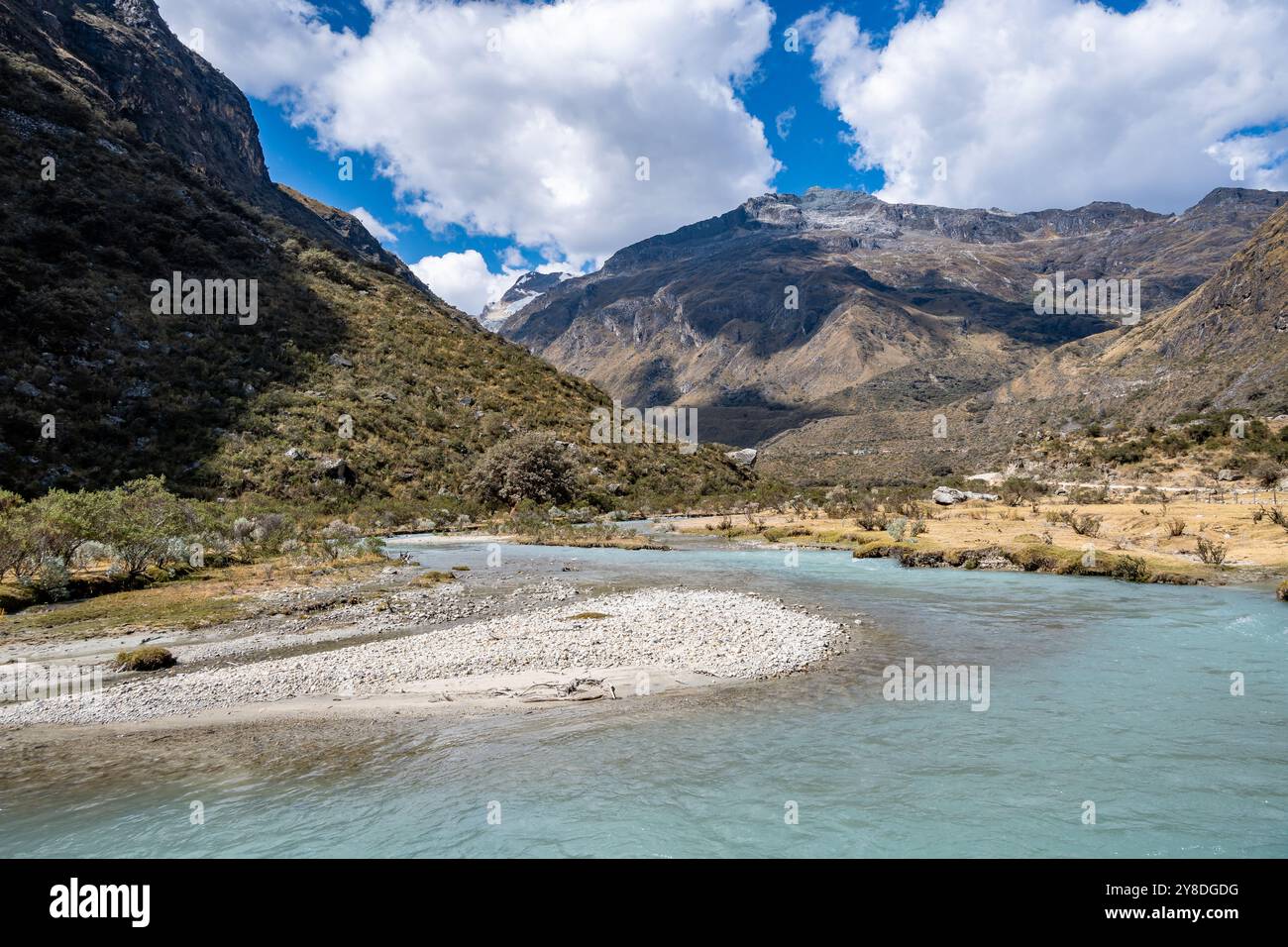 Glacier fed milky blue river running down the Andes mountains. Peru ...