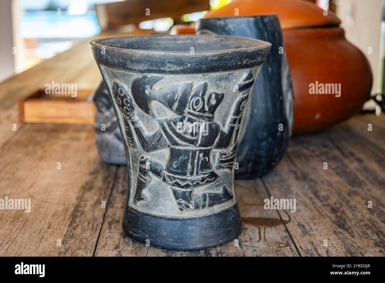 Clay pottery decorated with Inca graphics. Peru, South America Stock ...