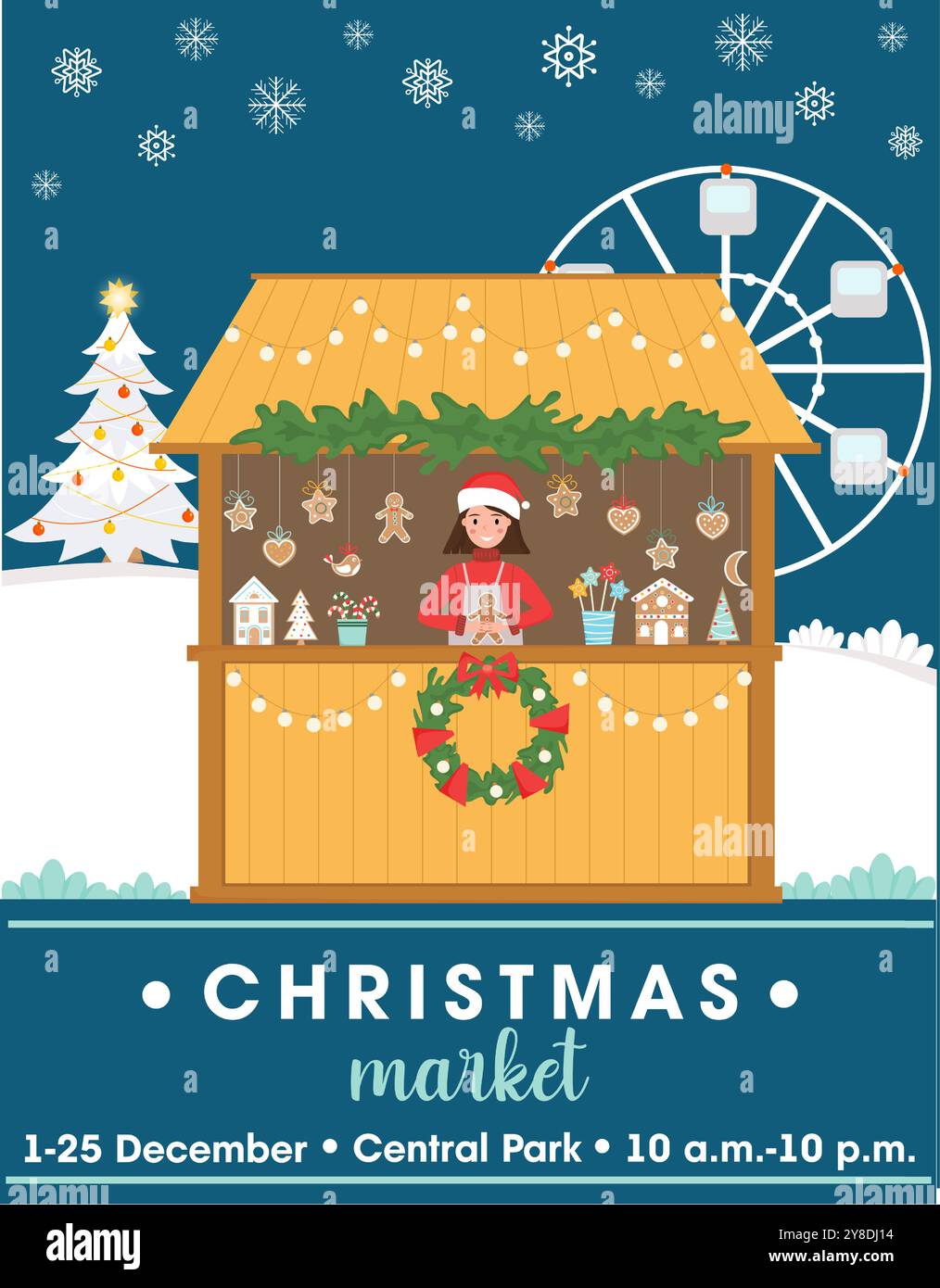 Christmas market advertising poster. Young woman sells sweets at the ...