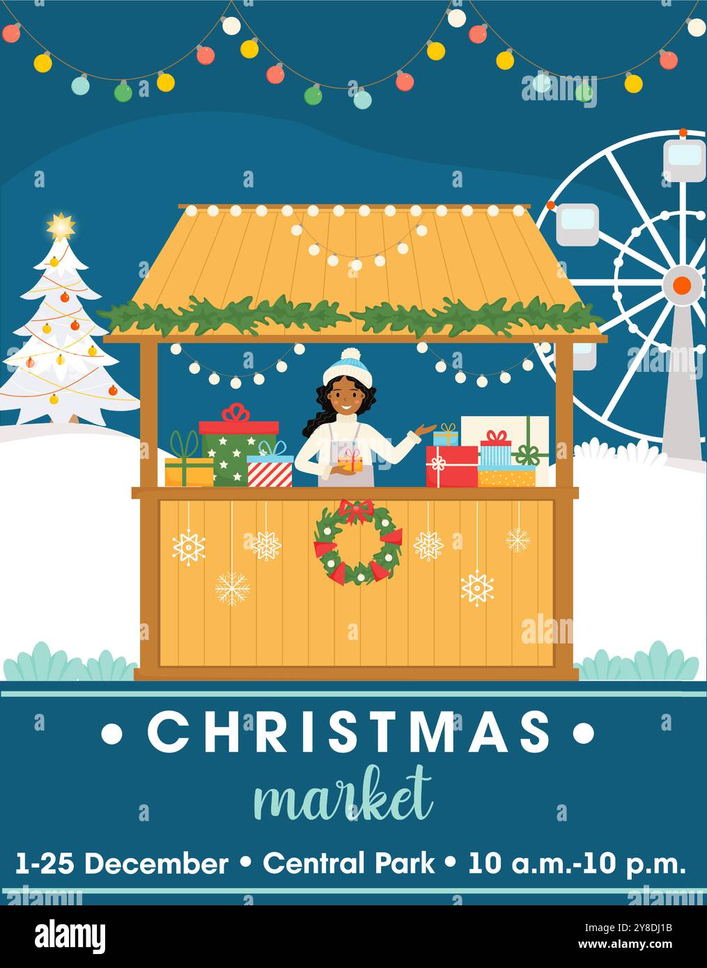 Christmas market advertising poster. Young african american woman sells ...
