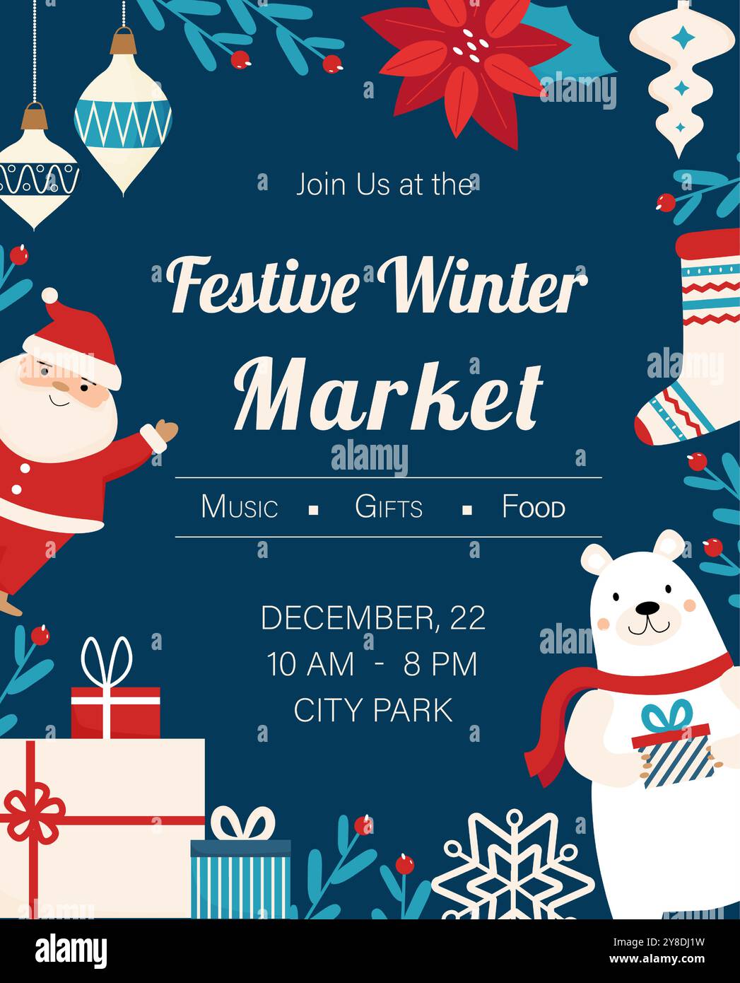 Festive Winter Market advertising poster. Christmas fair flyer with ...
