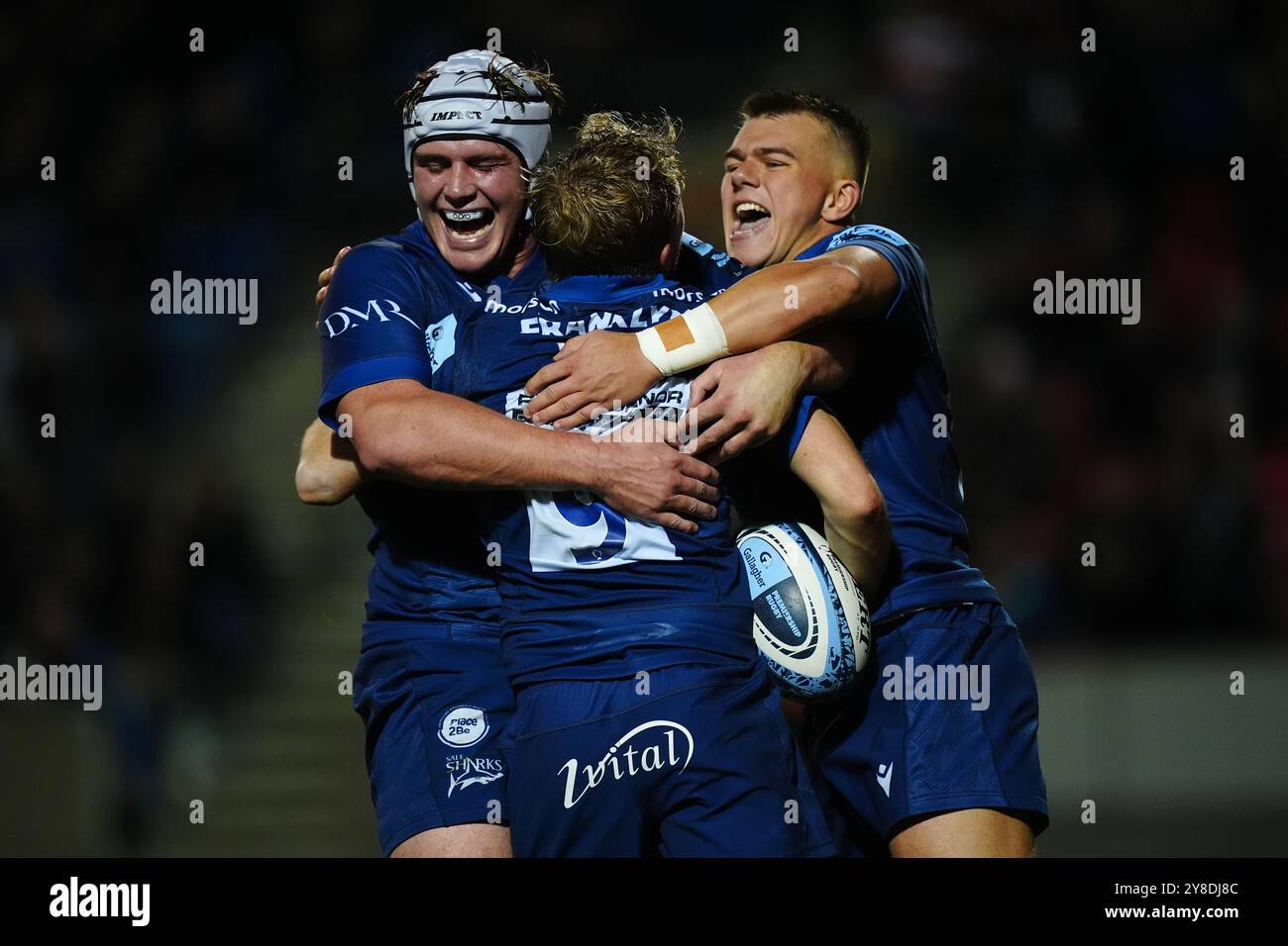 Sale Sharks' Gus Warr (centre) celebrates with team-mates after scoring ...