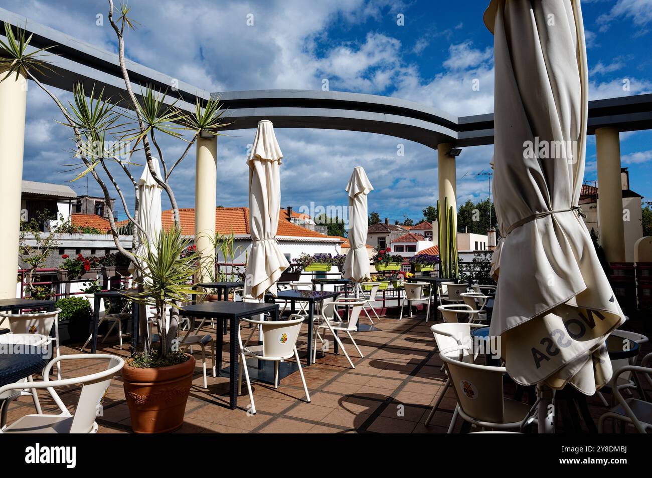 Sunny rooftop terrace at mercado dos lavradores, offering a peaceful ...