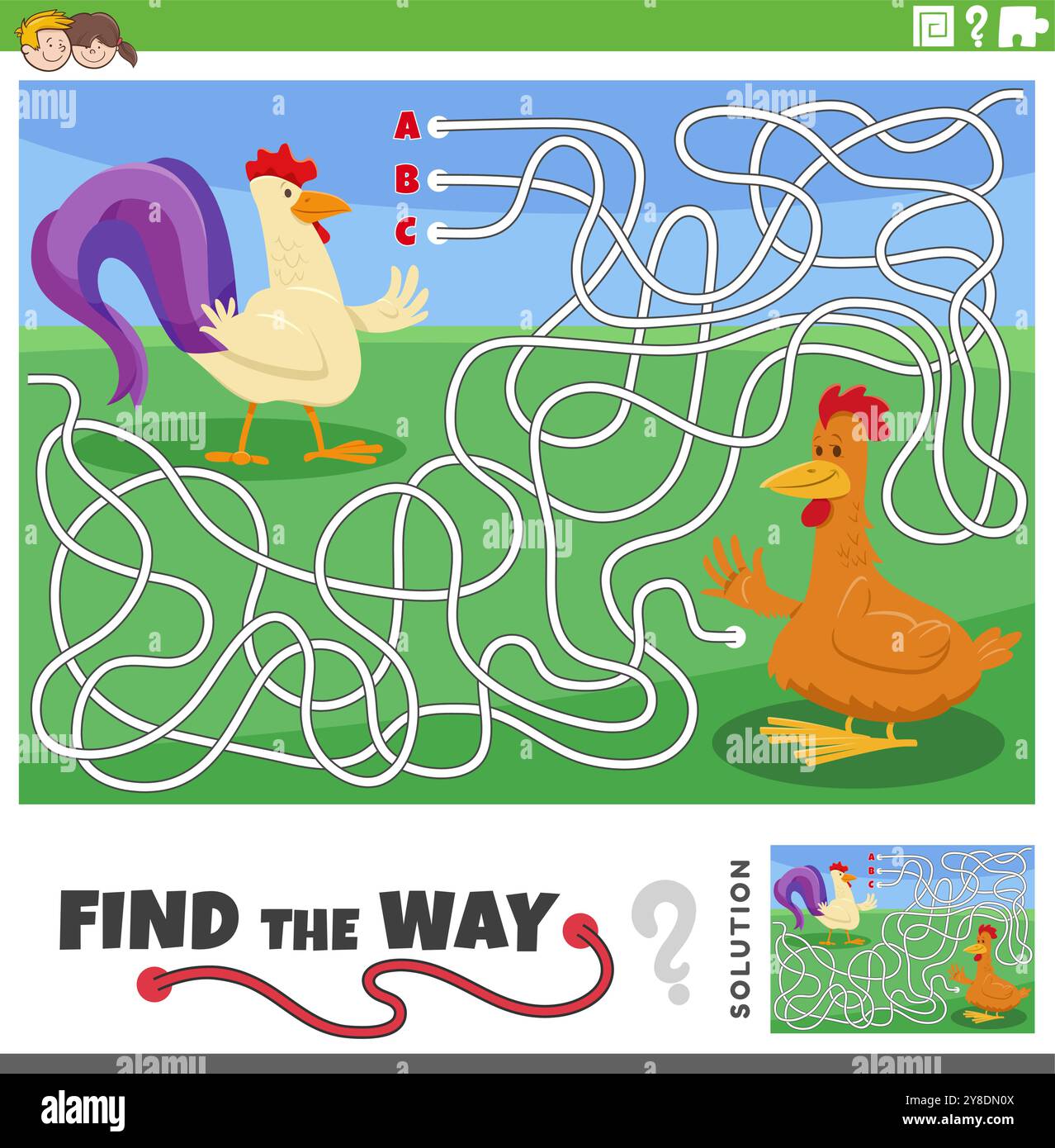 Cartoon illustration of find the way maze puzzle activity game with hen ...