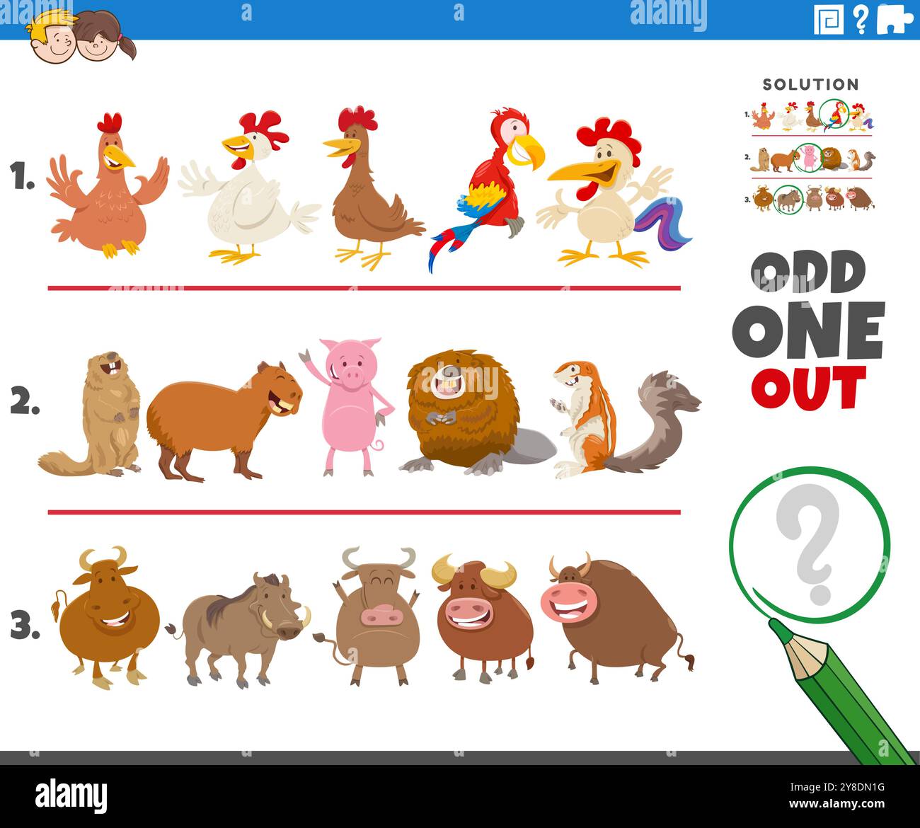 Cartoon illustration of odd one out picture in a row educational ...