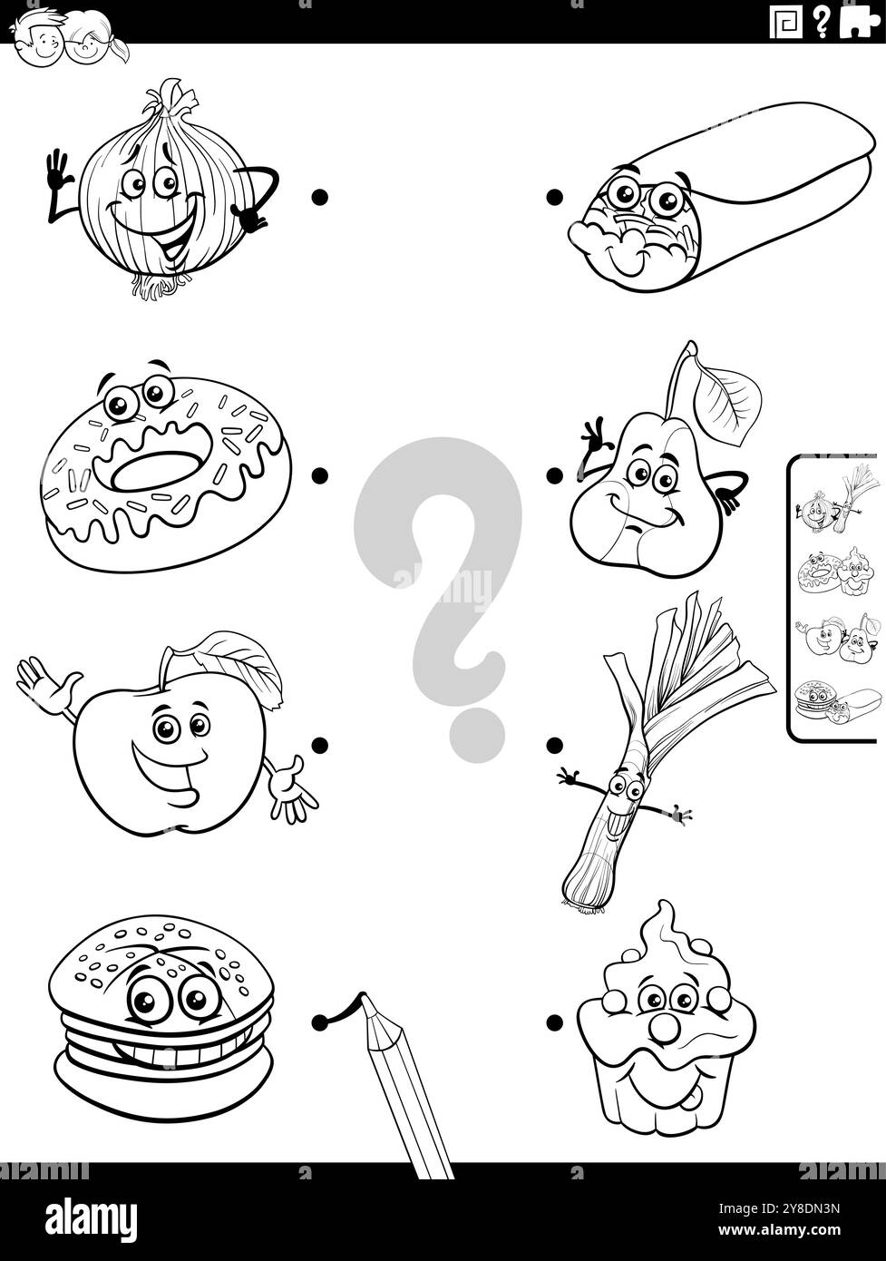 Cartoon illustration of educational matching activity with food object ...