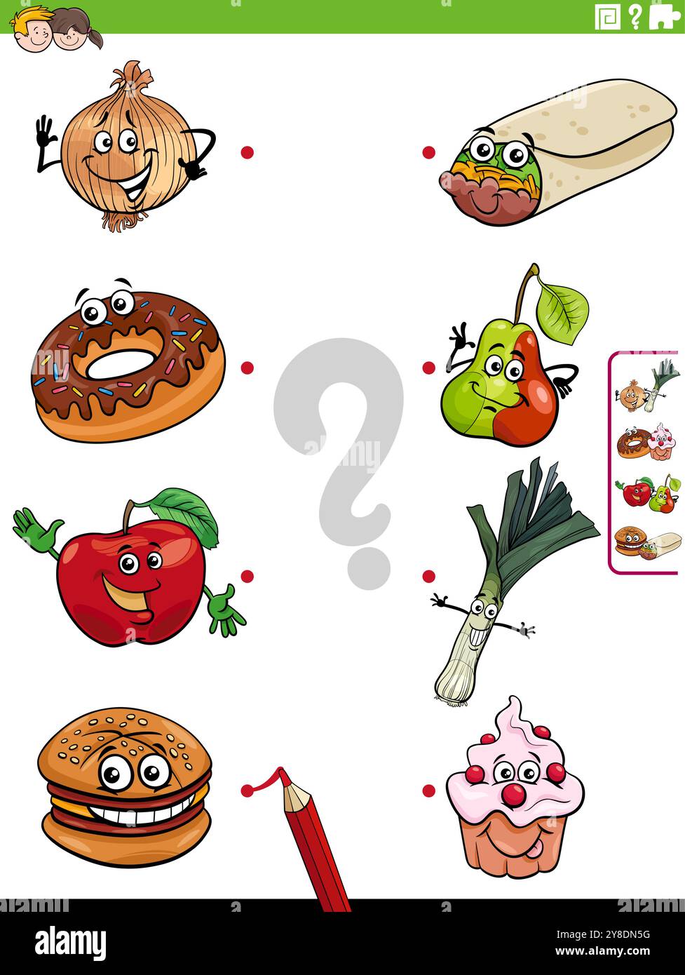Cartoon illustration of educational matching activity with food object ...