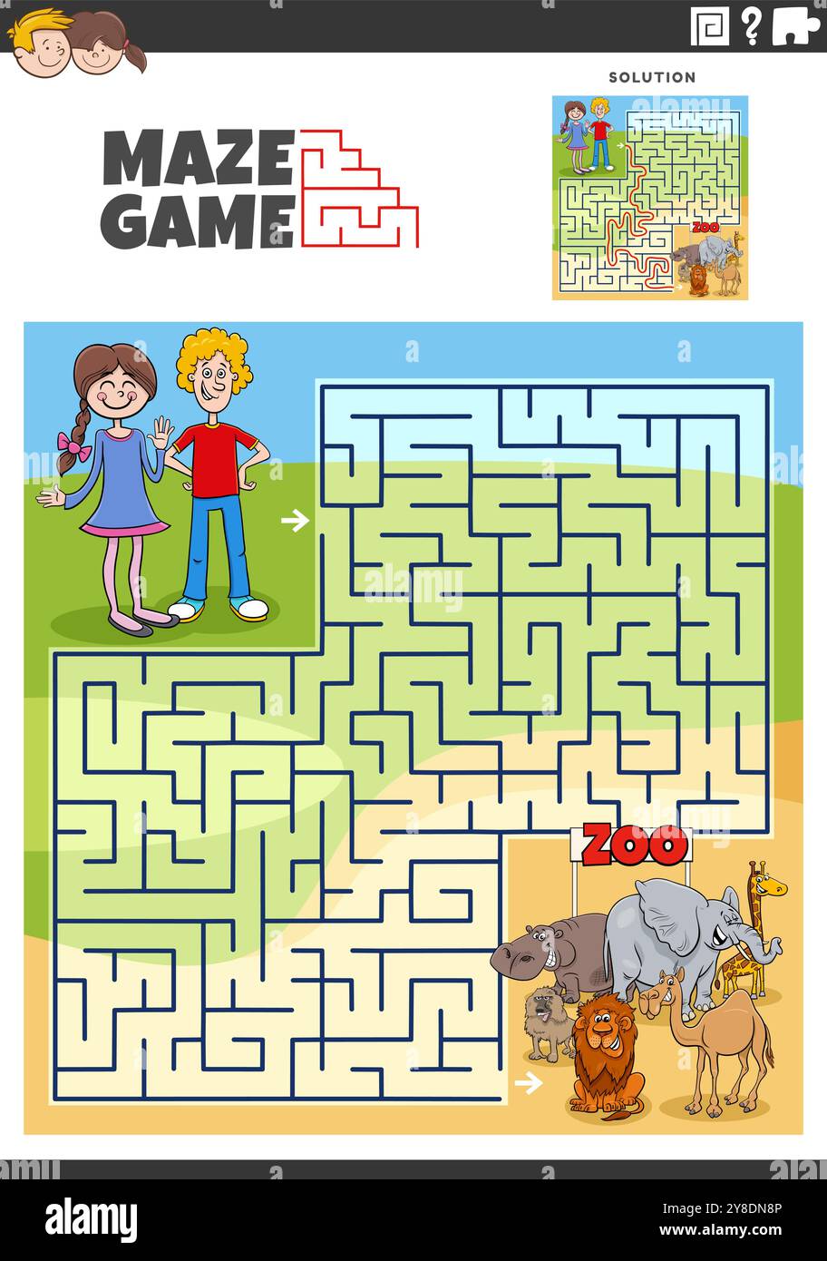 Cartoon illustration of educational maze puzzle game with teens and zoo ...
